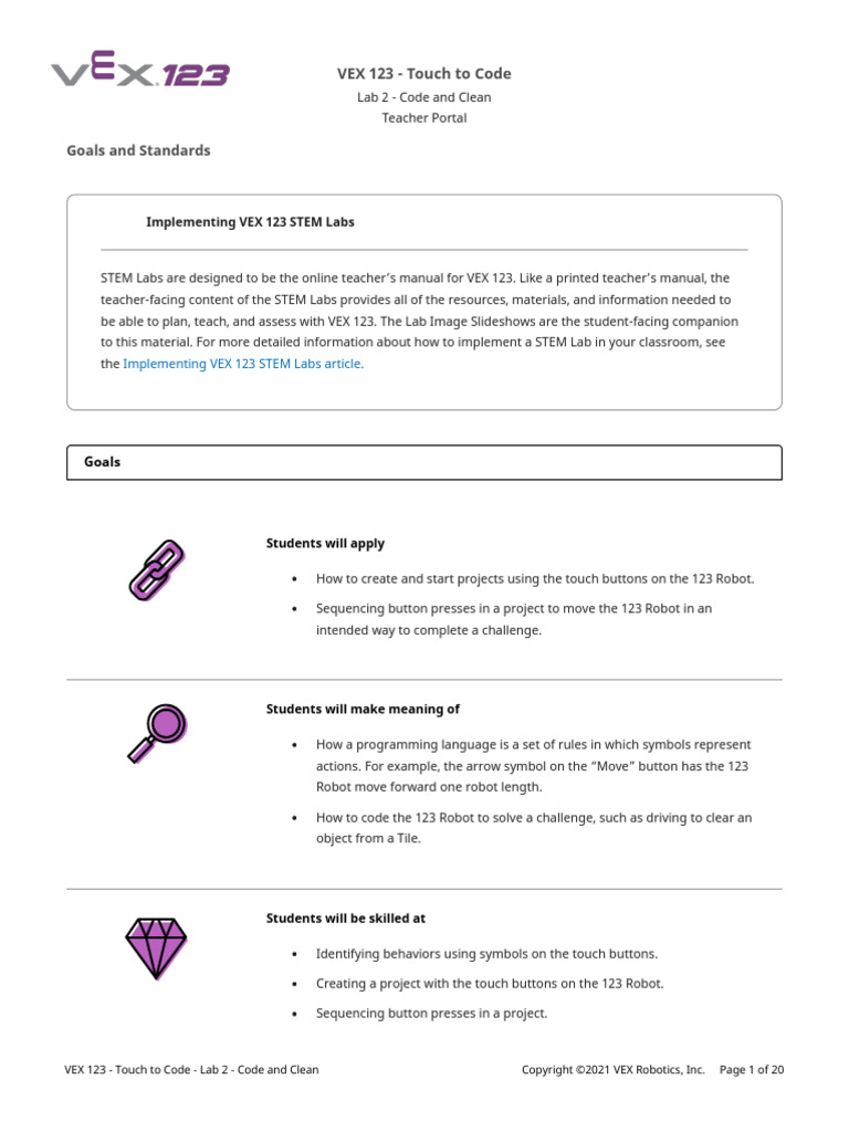 Vex 123 Touch To Code Lab 2 Code and Clean | PDF | Robot | Robotics