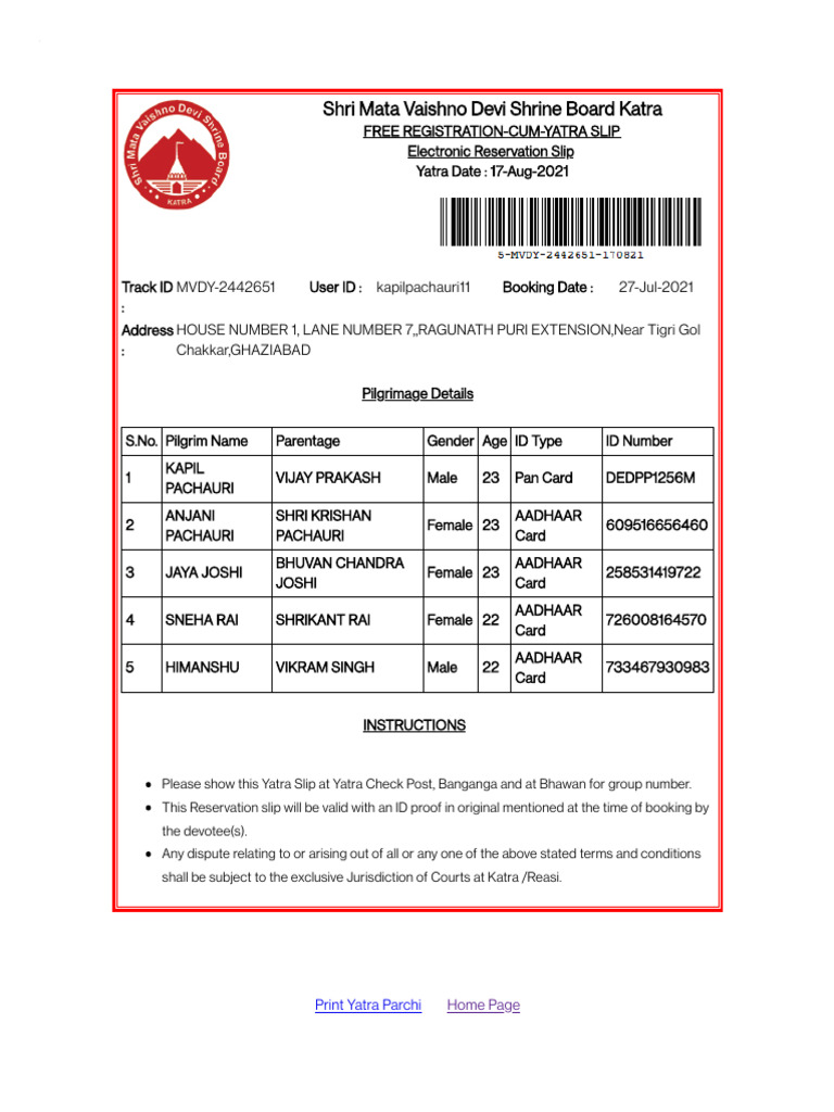 Shri Mata Vaishno Devi Shrine Board - Yatra Parchi Services | PDF