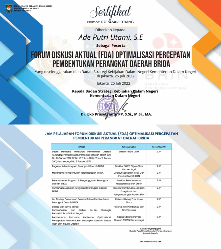 SERTIFIKAT Ade Putri Utami, S.E | PDF