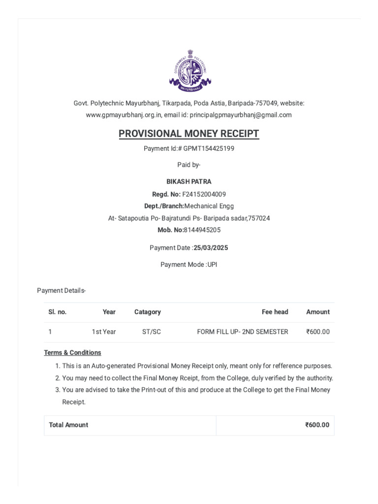 Bikash Patra 2ND Sem Receipt | PDF