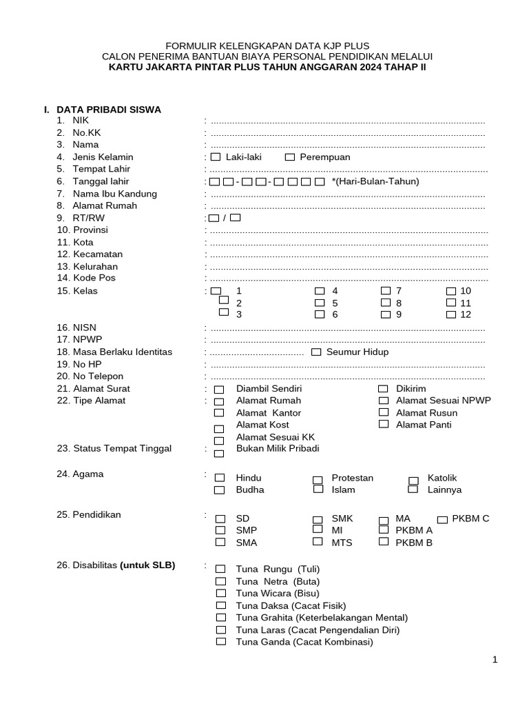 Form KJP SMPN 162 Jakarta THN 2024 | PDF