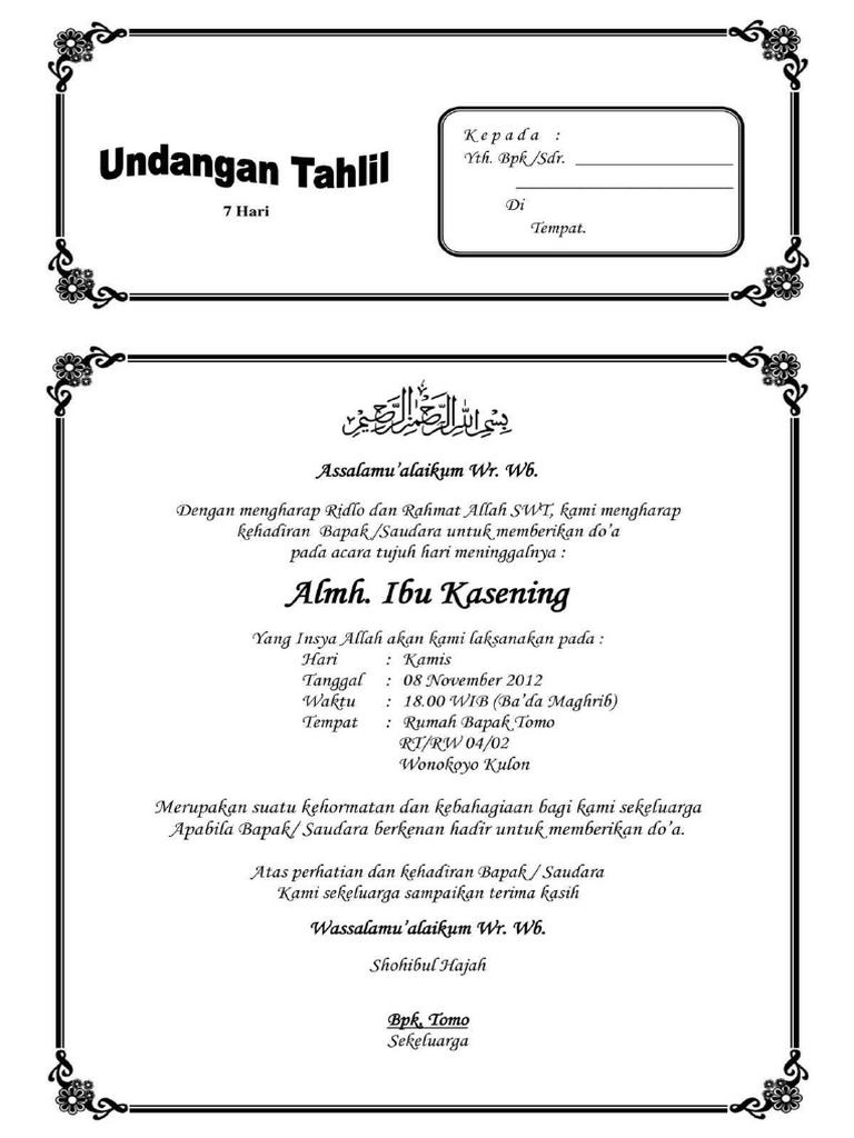 Contoh Undangan Tahlil 7 Hari | PDF