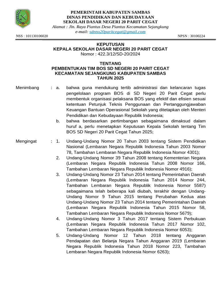 Contoh SK Tim BOS Reguler 2025 | PDF