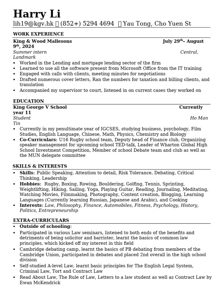 Harry Li's Resume: Intern & Skills Overview | PDF