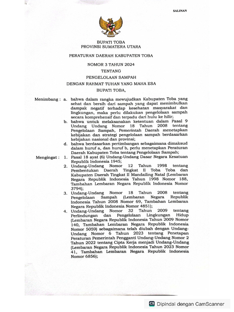 Perda No. 3 Tahun 2024 Tentang Pengelolaan Sampah | PDF