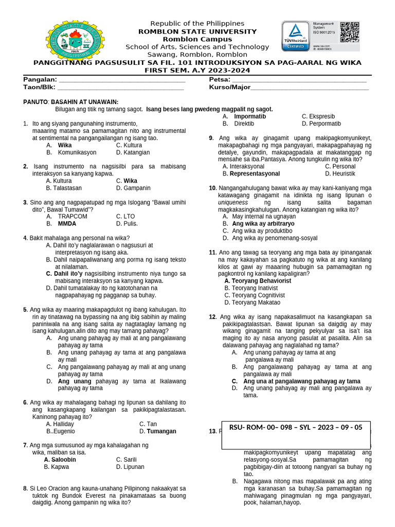 1stsem 2024 MIDTERM EXAM INTRO SA WIKA | PDF