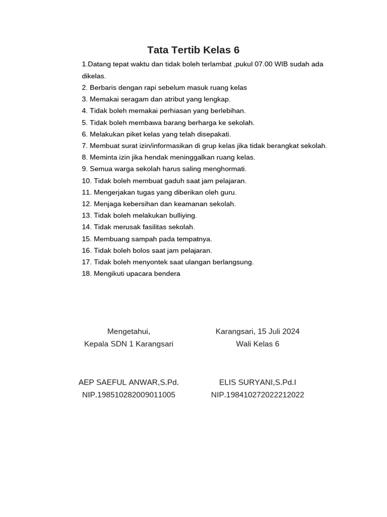 Tata Tertib Kelas | PDF