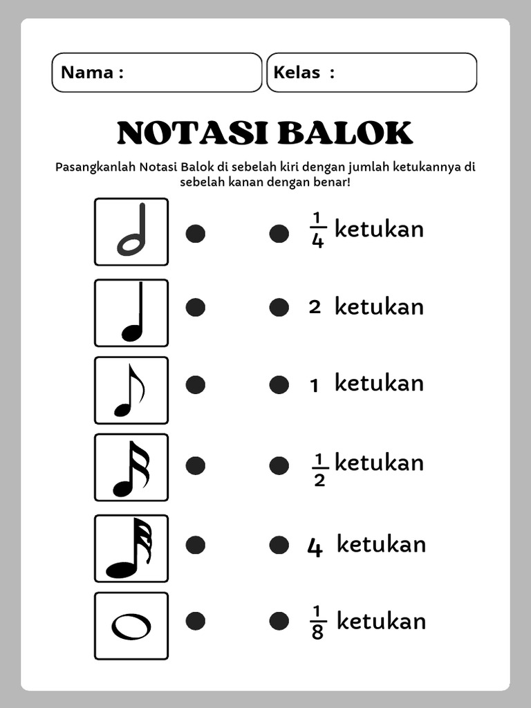 Lembar Kerja Notasi Balok Ilustrasi Hitam Putih | PDF