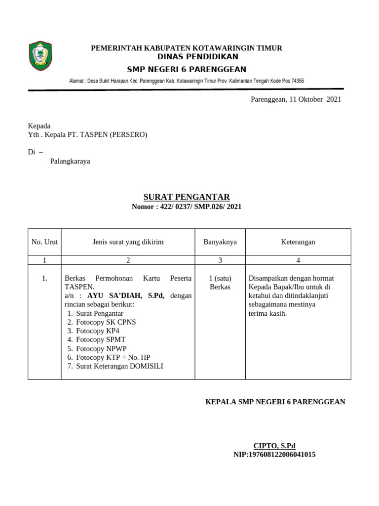 1. Surat Pengantar TASPEN | PDF