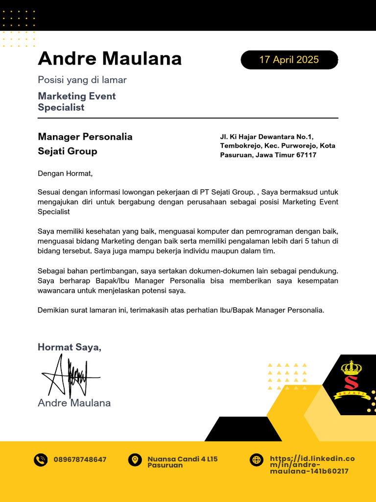 Hitam Kuning Simpel Surat Lamaran Pekerjaan A4 | PDF