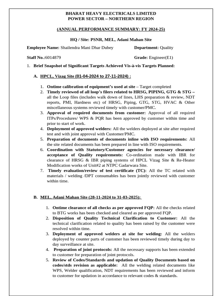 Annual Performance Summary - Fy 2024-25 | PDF | Nondestructive Testing ...
