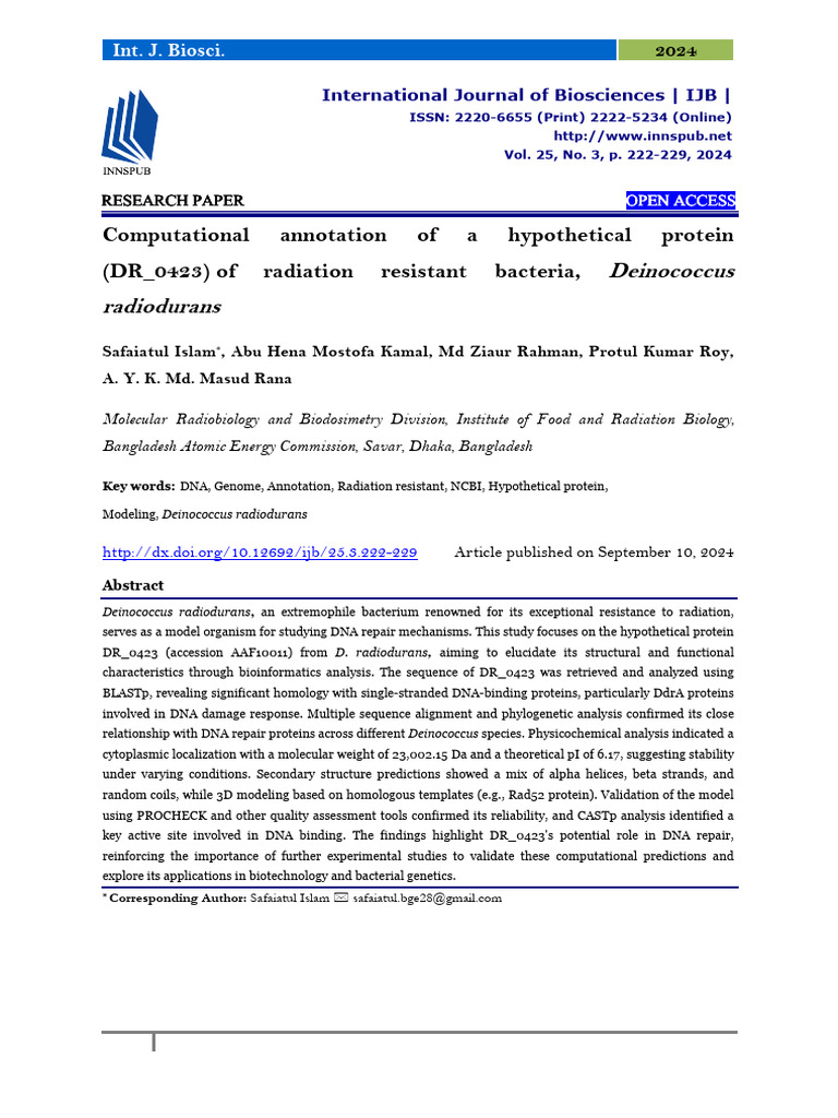 Computational Annotation of A Hypothetical Protein (DR - 0423) of ...