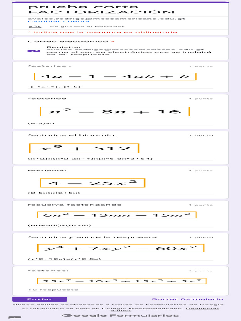 Prueba Corta FACTORIZACIÓN | PDF