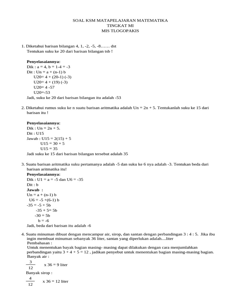 SOAL KSM MATAPELAJARAN MATEMATIKA | PDF