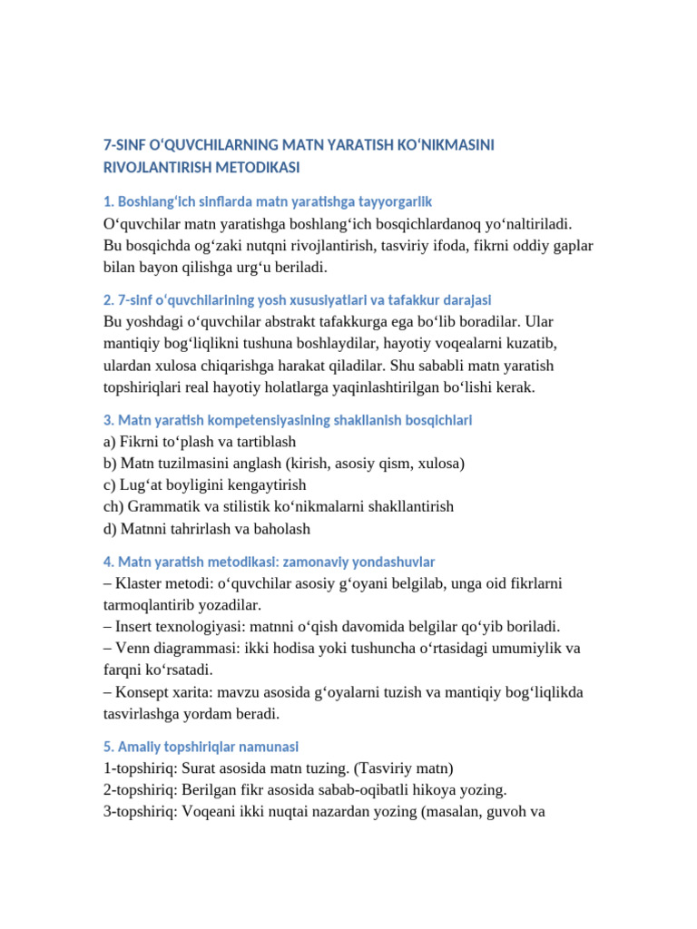 7 Sinf Matn Yaratish Metodika | PDF