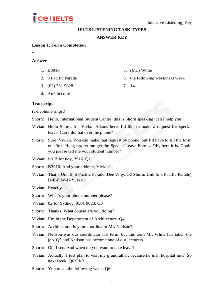 IELTS Listening Task Types Answer Key | PDF
