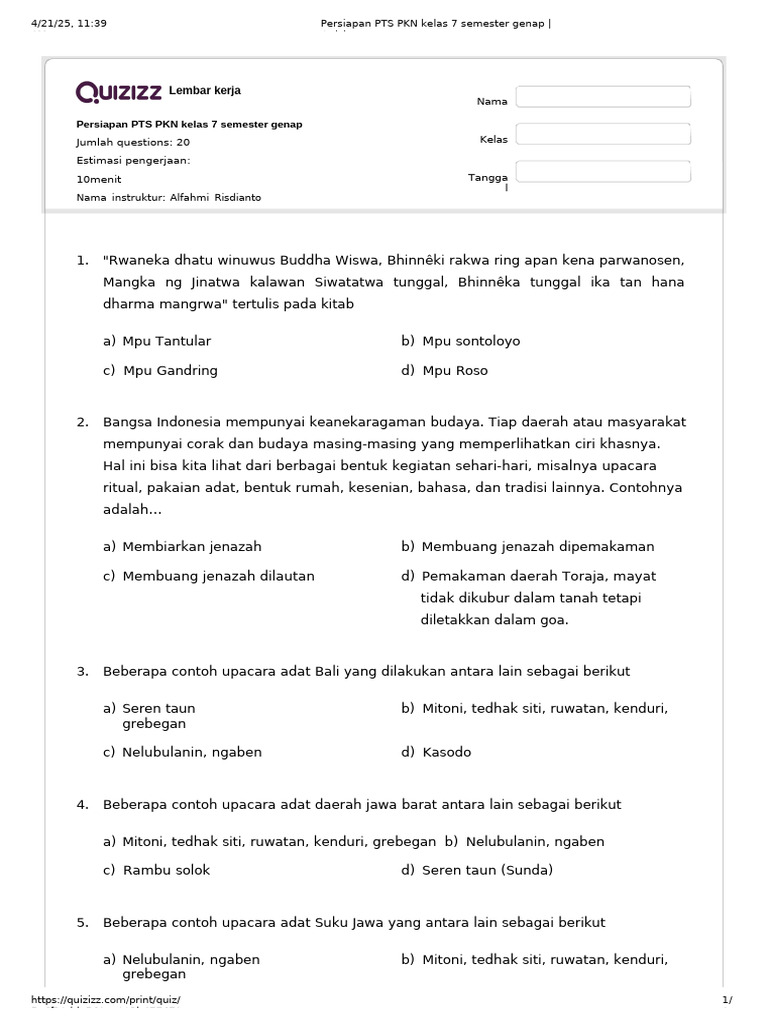 Persiapan PTS PKN kelas 7 semester genap _ Quizizz | PDF