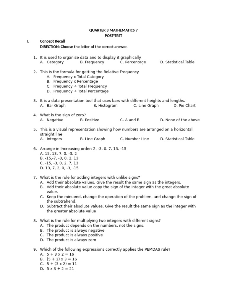 Mathematics 7 Quarter 3 Post Test | PDF | Subtraction | Mathematics