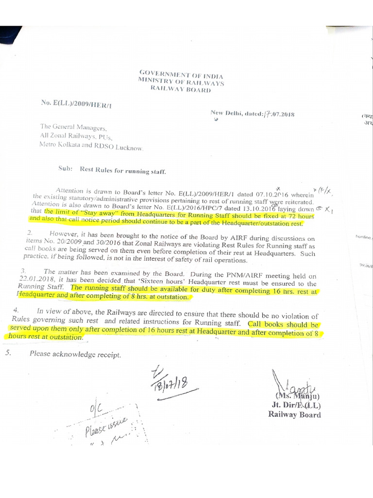 Rly Board Letter Regarding Rest Rules | PDF