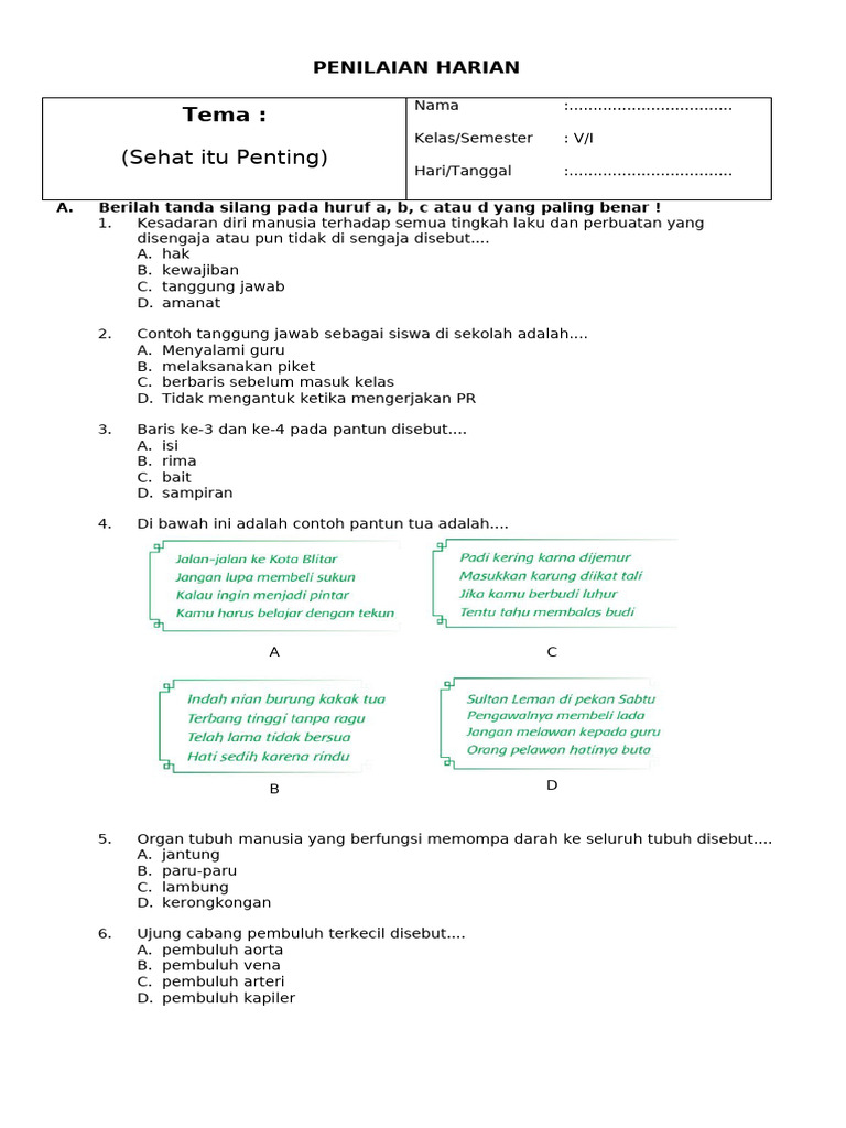 Penilaian Harian Kelas 5 Tema 4 | PDF