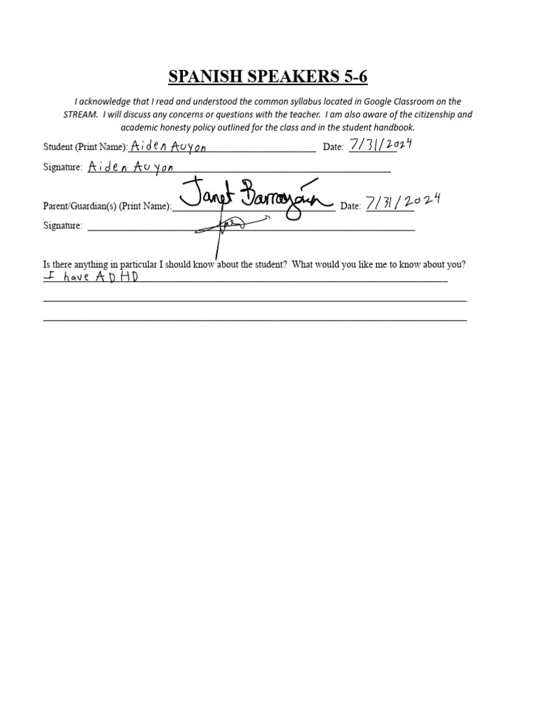 Parent Signature Syllabus 5-6 | PDF