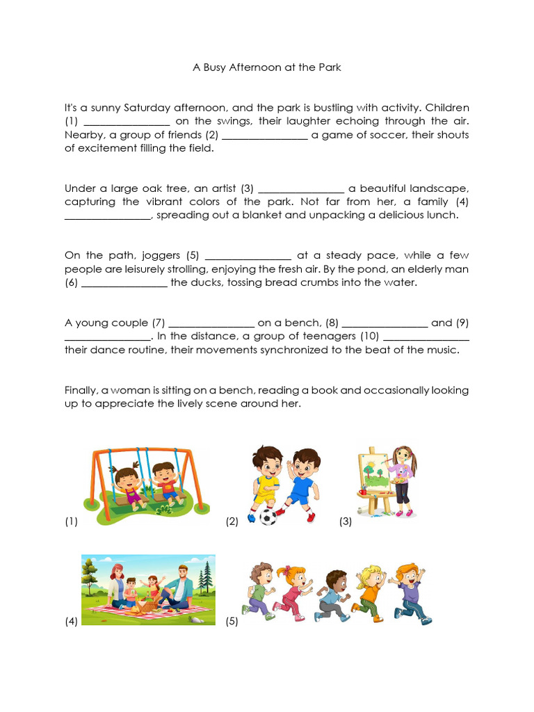 A Busy Afternoon at The Park - Present Continuous Tense Practice | PDF
