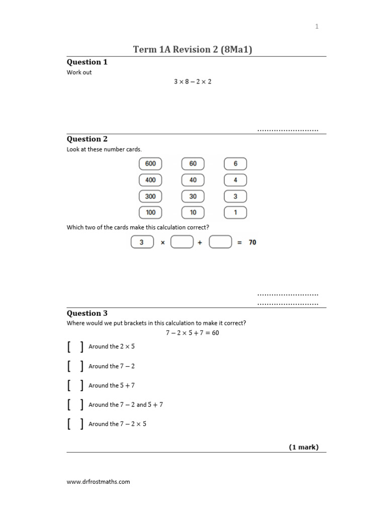 Term 1A Maths Revision Questions | PDF | Mathematics | Elementary ...