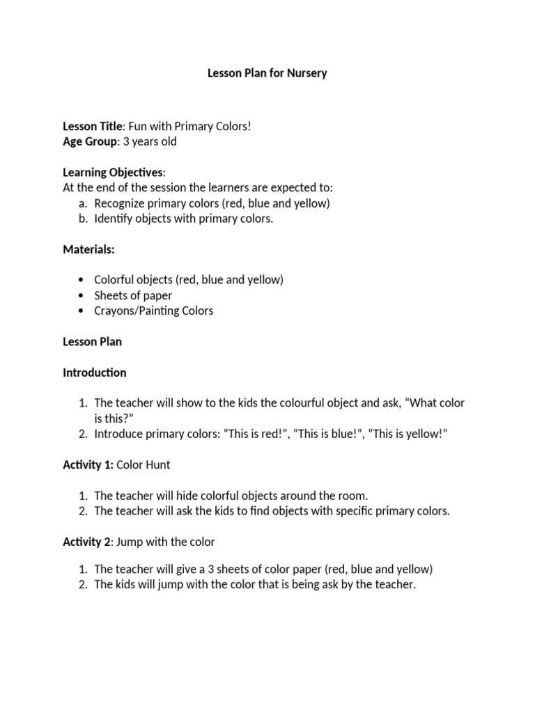 Lesson Plan For Nursery | PDF