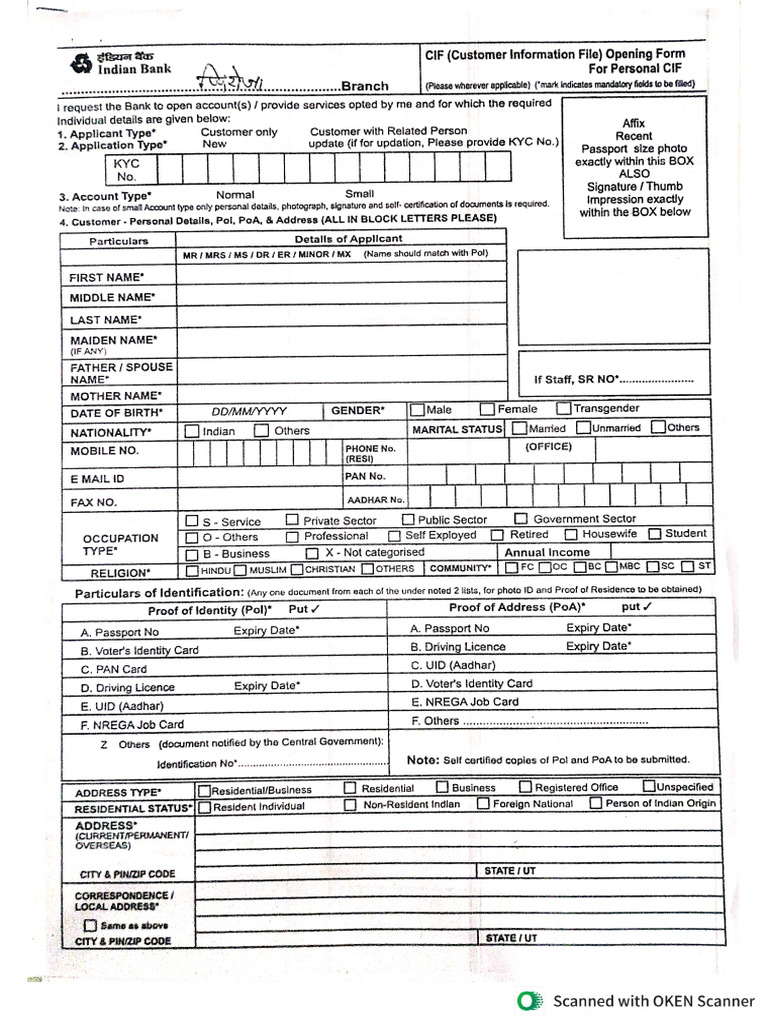 CIF Creation Form Indian Bank | PDF