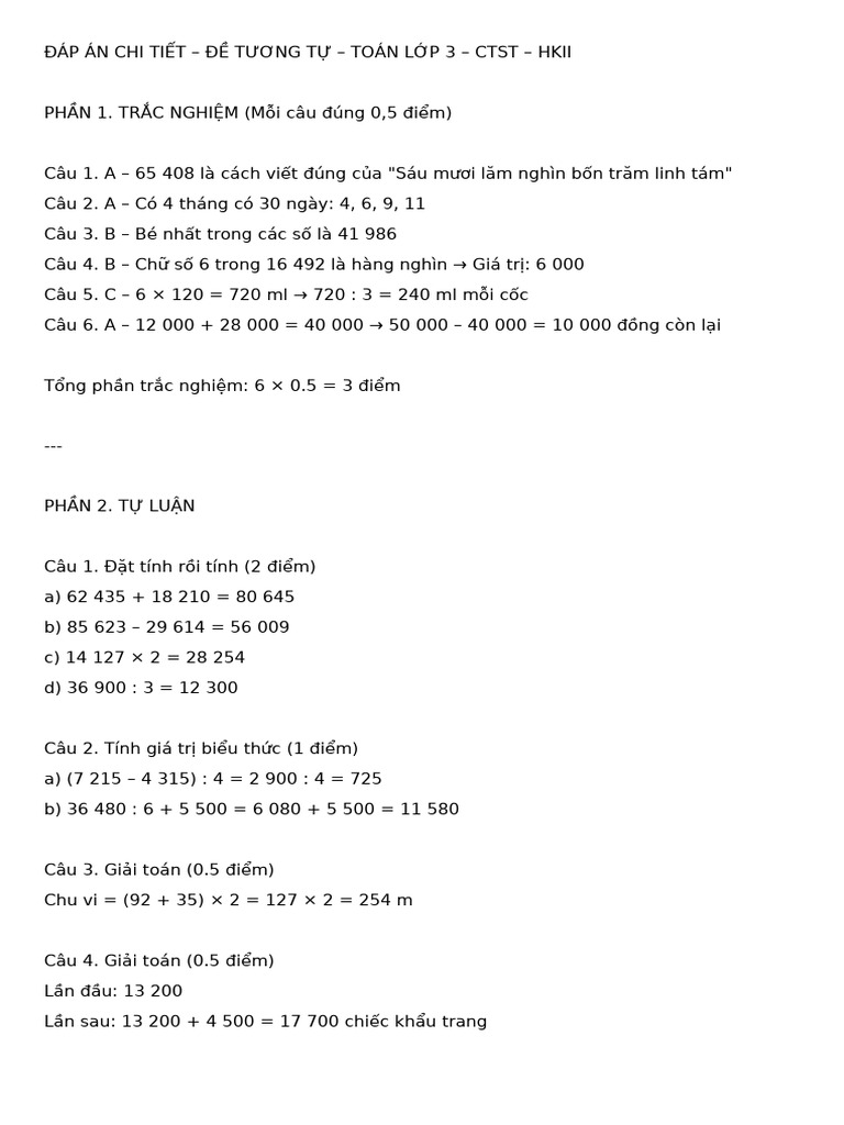 Dap An de Tuong Tu Toan Lop3 CTST HK2 | PDF