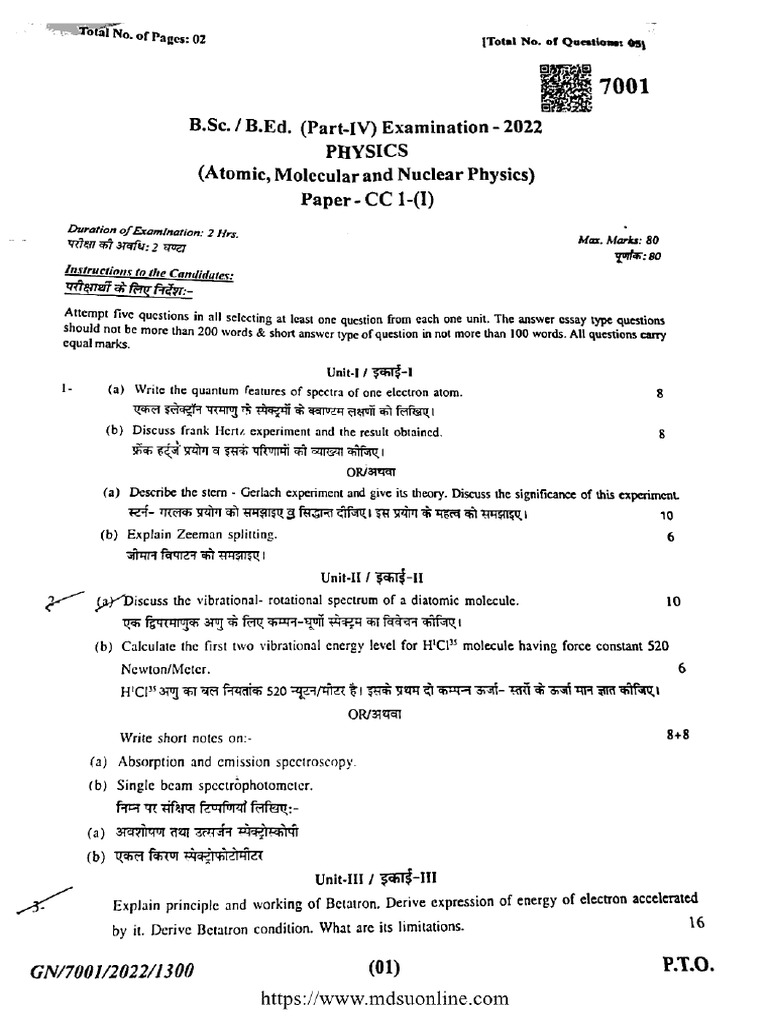 BSC B Ed Part 4 Physics Atomic Molecular and Nuclear Physics 7001 2022 ...