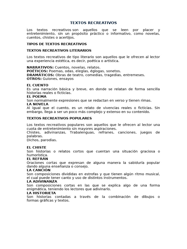 Tipos de Textos Recreativos y Ejemplos | PDF