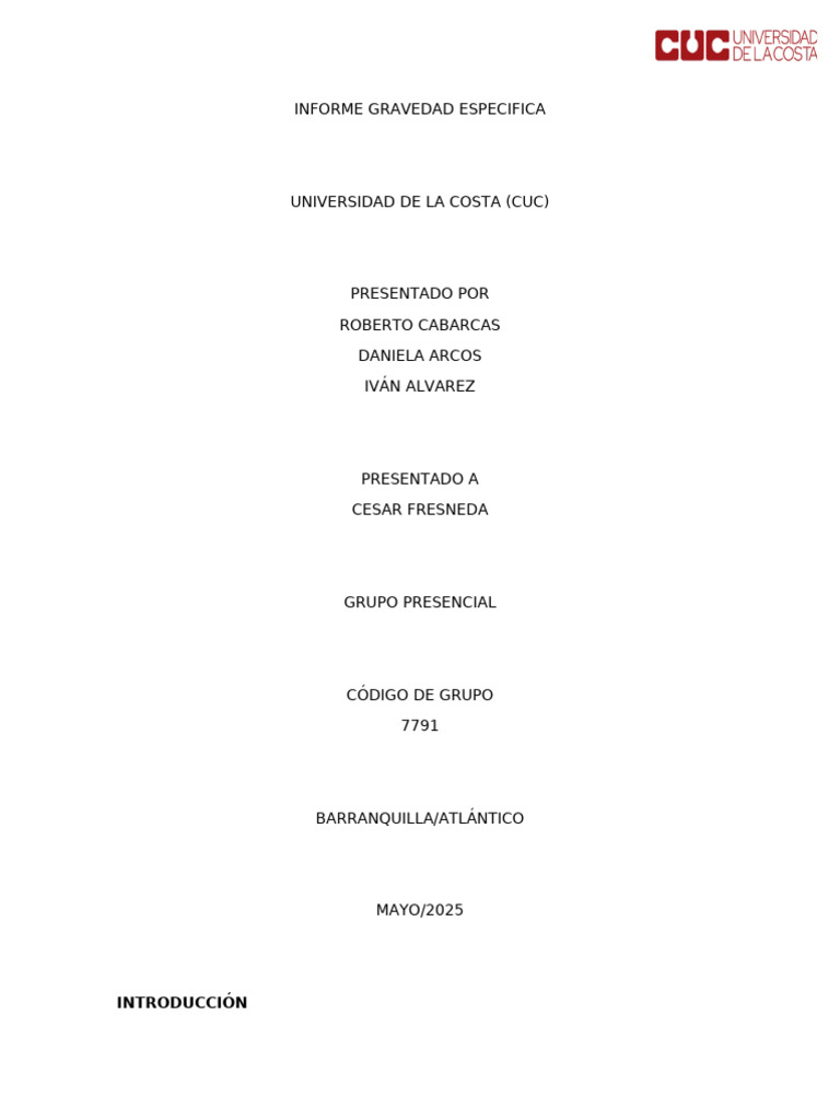 INFORME GRAVEDAD ESPECIFICA | PDF | Densidad | Agua