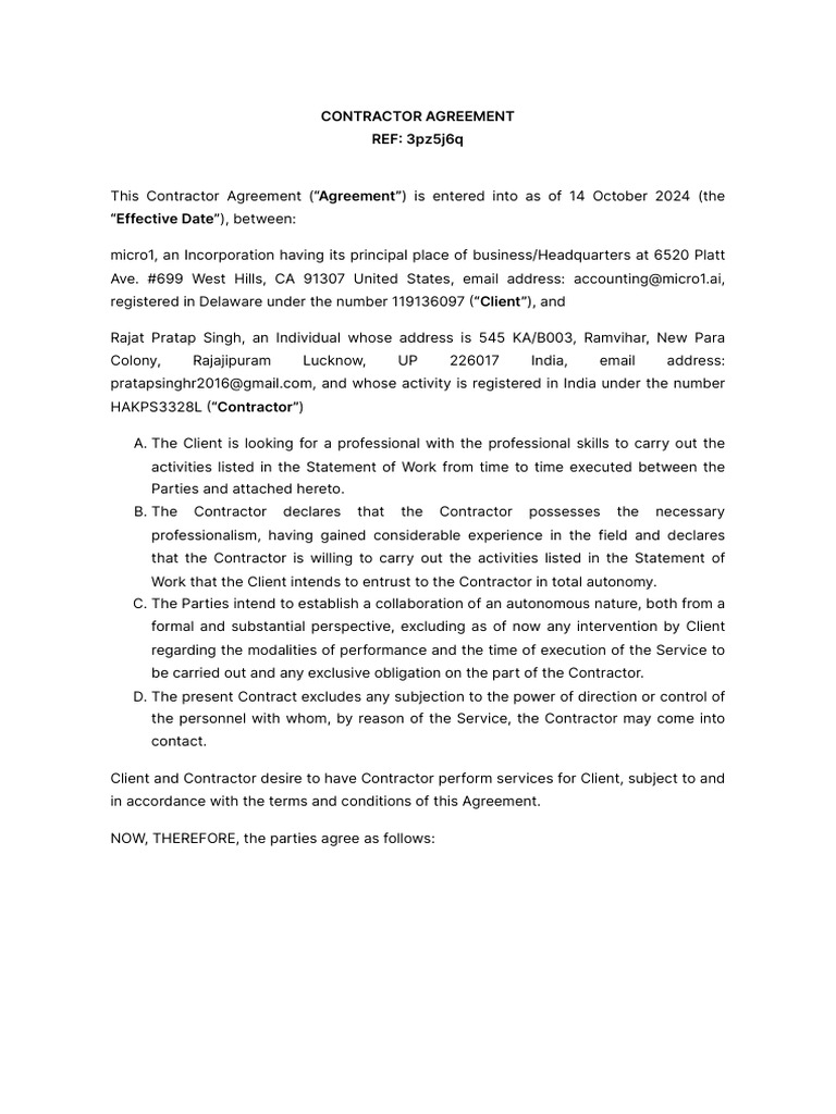 Contractor Agreement for Services | PDF | Employment | Legal Remedy