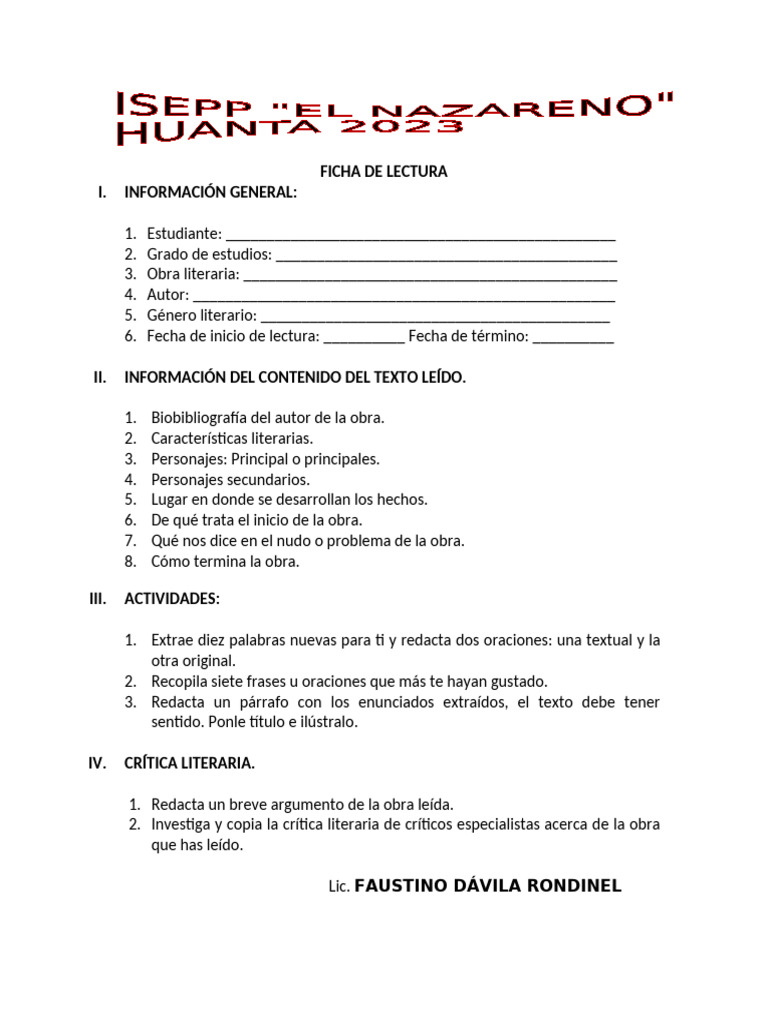 Ficha de lectura literaria detallada | PDF
