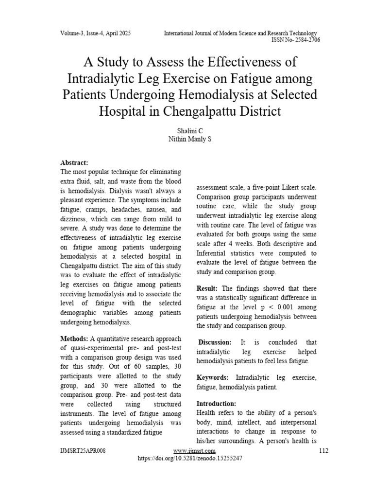 A Study To Assess The Effectiveness of Intradialytic Leg Exercise On Fatigue Among Patients ...