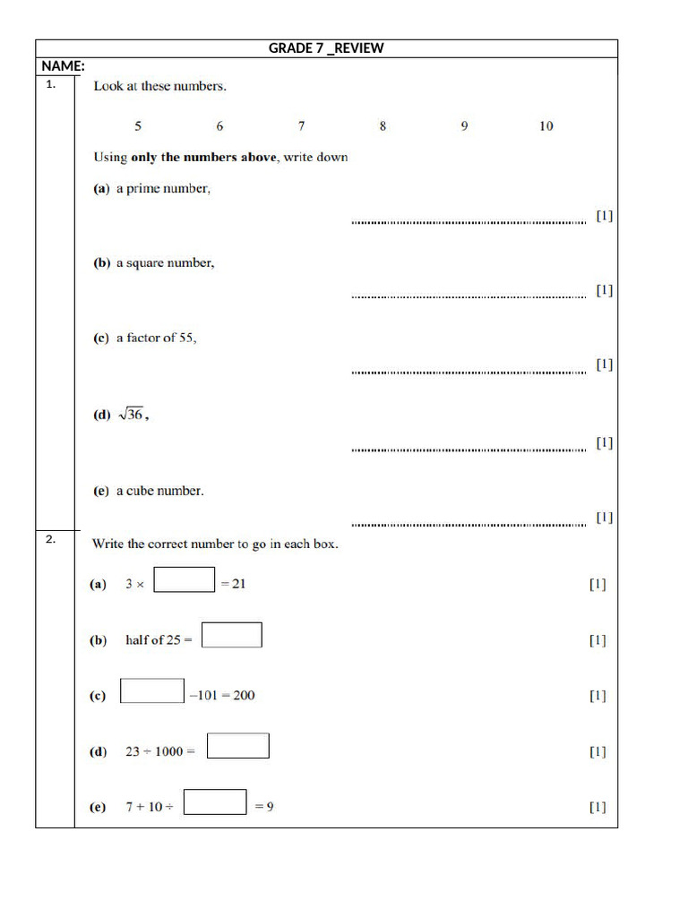 Review Math G7 | PDF