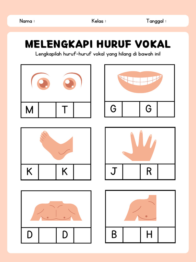 Krem Dan Putih Ilustrasi Menulis Huruf Vokal Lembar Kerja | PDF