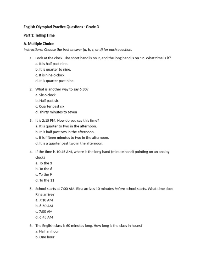 English Olympiad Practice Questions | PDF | Vehicles | Fruit