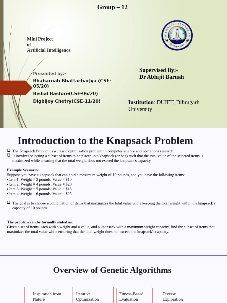 Introduction To The Knapsack Problem - 113848 | PDF | Genetic Algorithm | Mathematical Optimization
