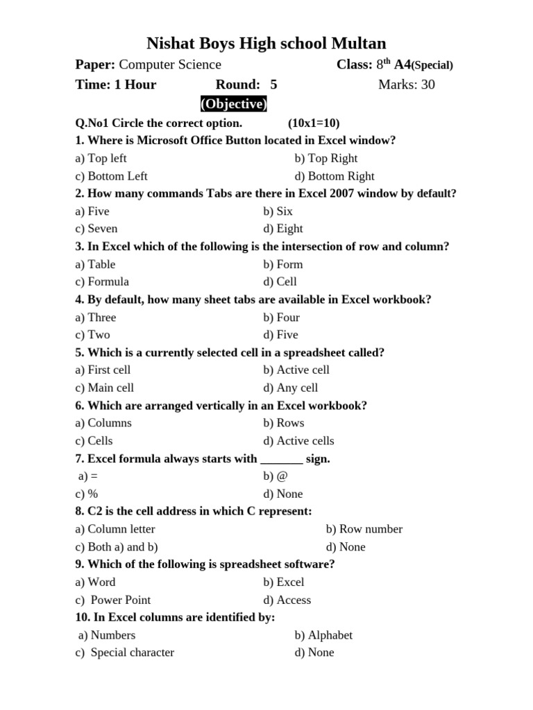 8th Grade Computer Science Exam: Excel | PDF | Microsoft Excel ...