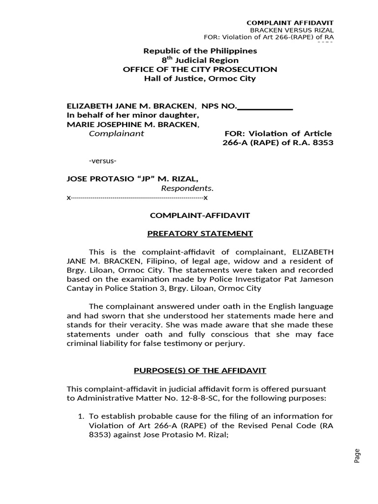 Sample Complaint Affidavit in Judicial Affidavit Form 1 (4) | PDF | Affidavit | Perjury
