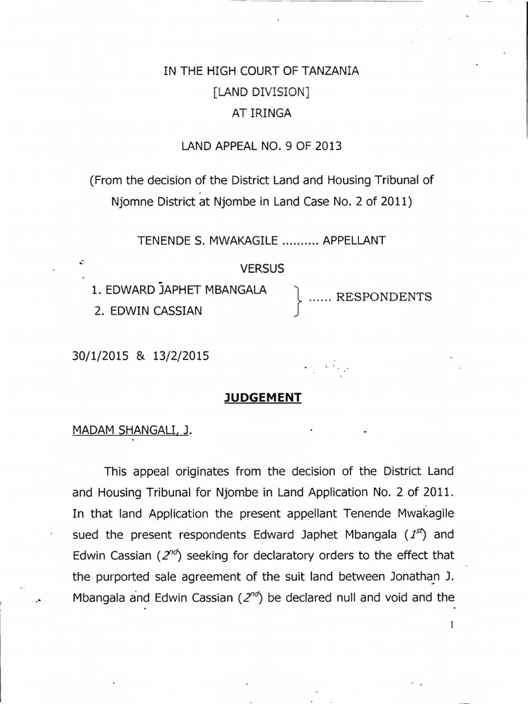 Tenende S Mwakagile Vs Edward Japhet Mbangala Another (Land Appeal 9 of 2013) | PDF | Lawsuit ...