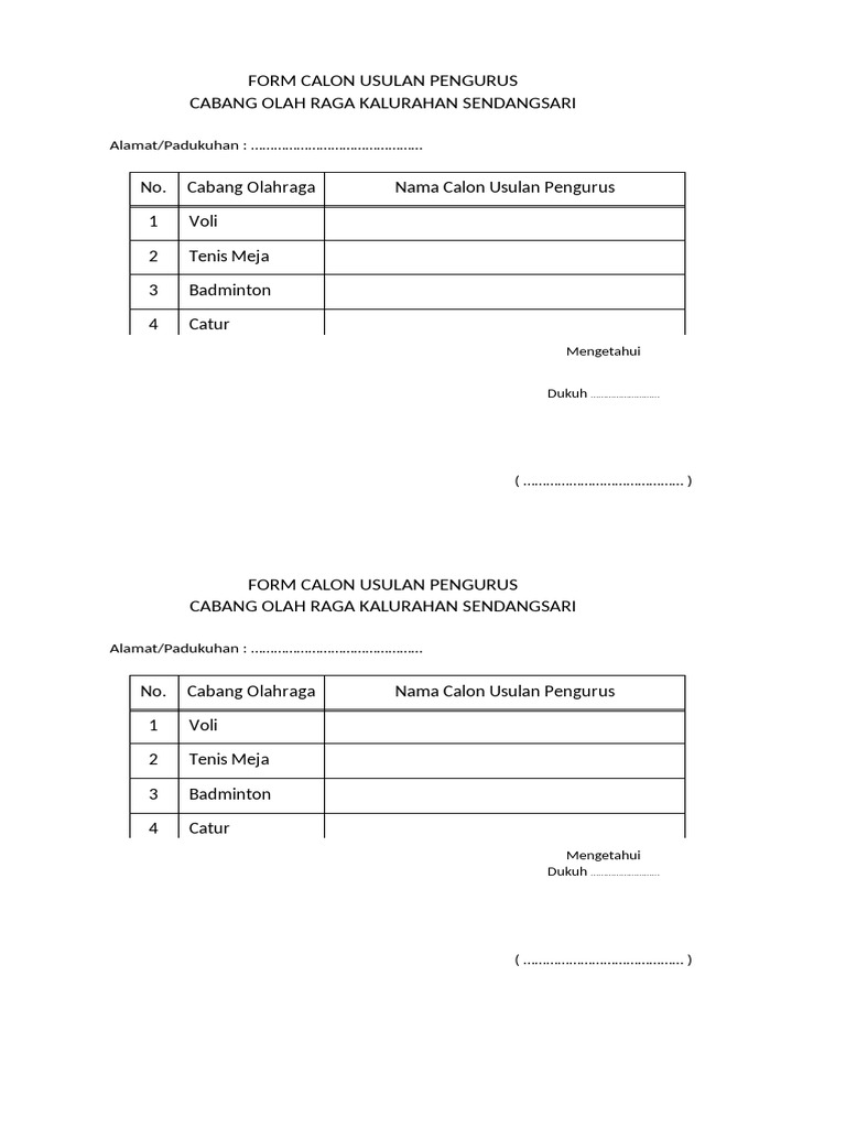 Form Usulan Pengurus Cabor | PDF