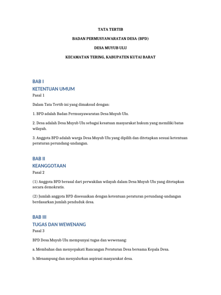 Tata Tertib BPD Desa Muyub Ulu Tering Kubar | PDF