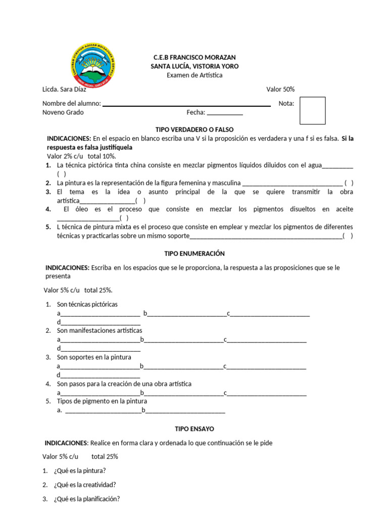Examen de Artística para Tercero de Primaria | PDF