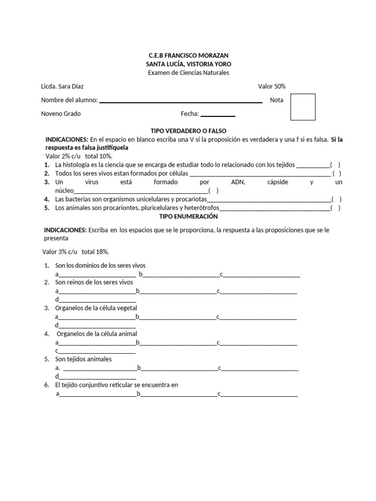 Examen CCNN Alexander9no | PDF | Tejido (biología) | Biología Celular)