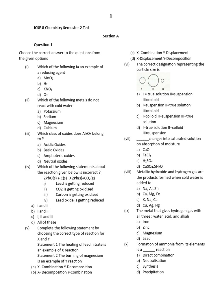 Icse8 Chemistry Sem2 Test | PDF | Oxide | Hydrogen