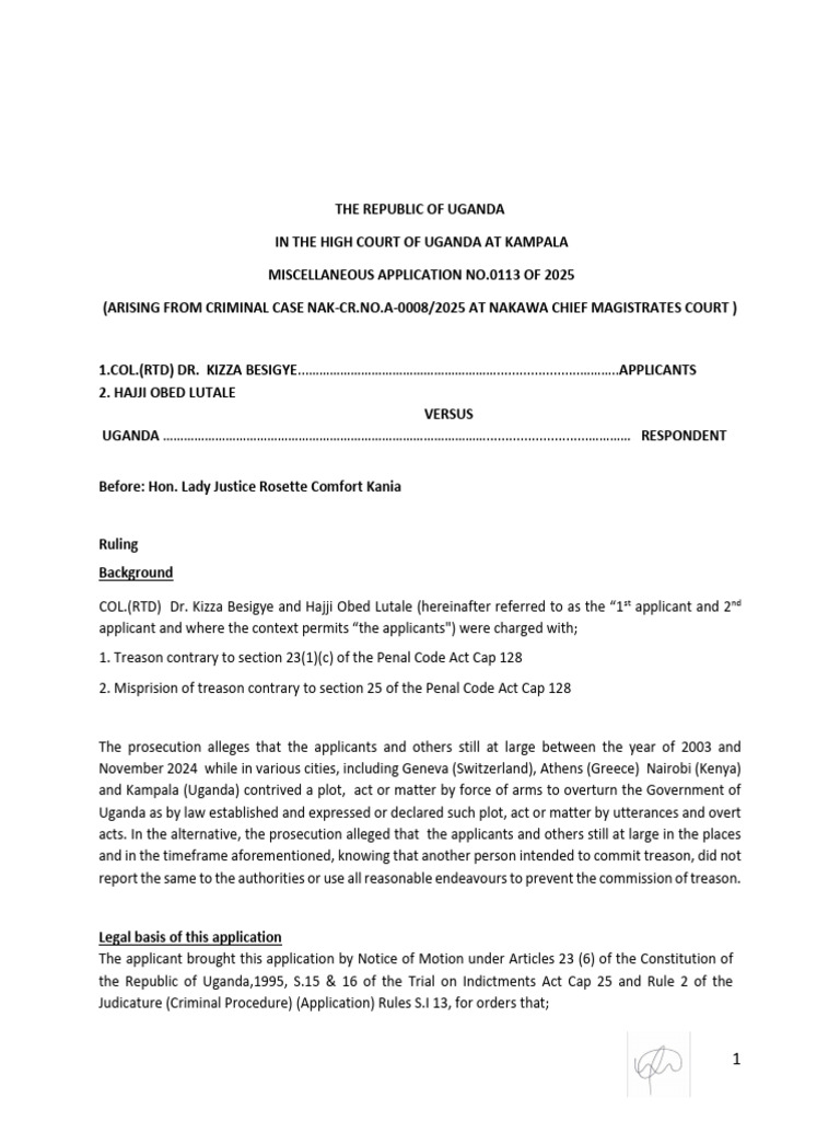 Besigye and Another V Uganda 2025 UGHCCRD 16 (11 April 2025) | PDF | Bail | Presumption Of Innocence