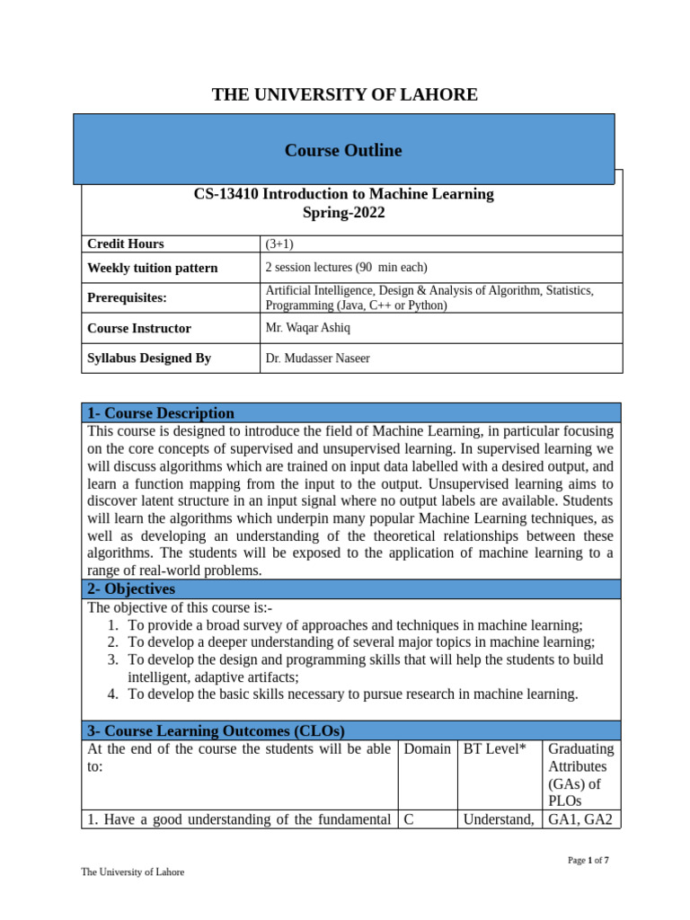 Course Outline ML - Spring-22 | PDF | Machine Learning | Plagiarism